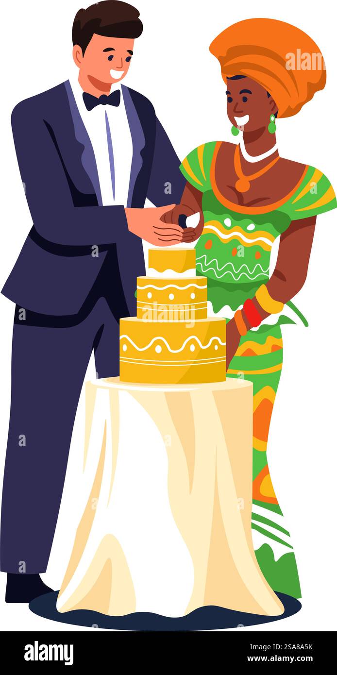 Illustration of a multicultural couple cutting a wedding cake, isolated ...