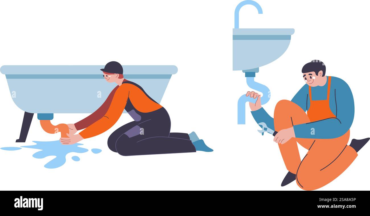 Vector illustration of plumbers repairing a bathtub and toilet in a ...