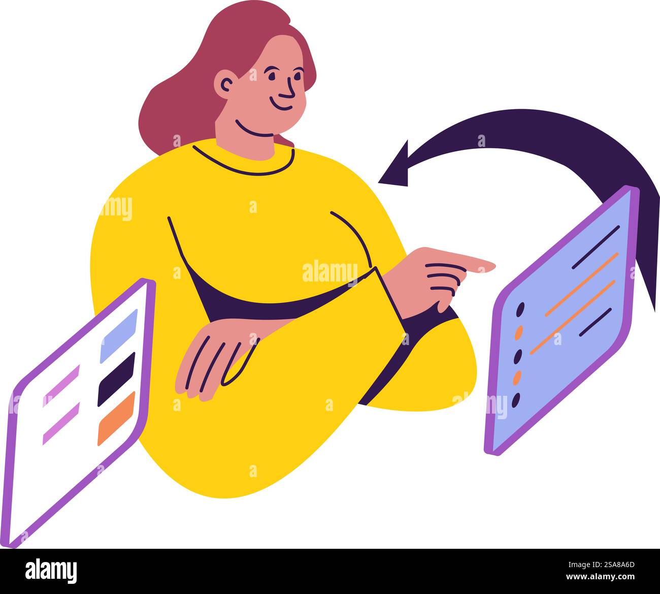 Vector illustration of a woman interacting with a digital interface ...