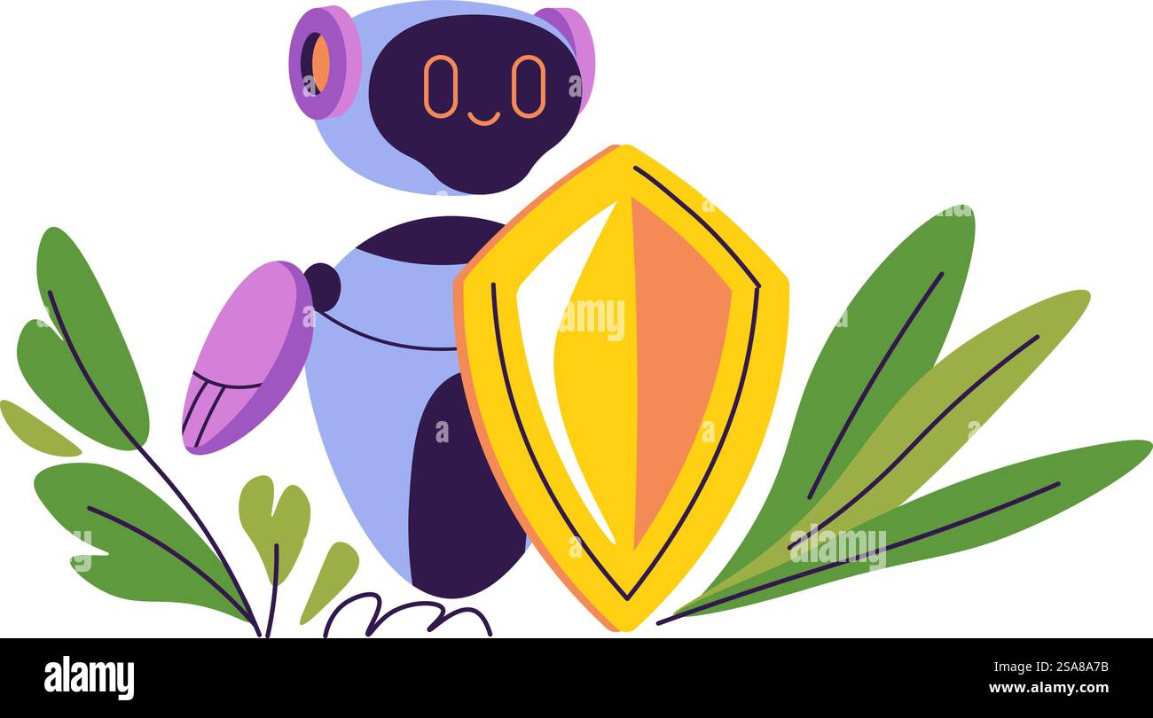 Vector illustration of a robot holding a shield, isolated on a white ...