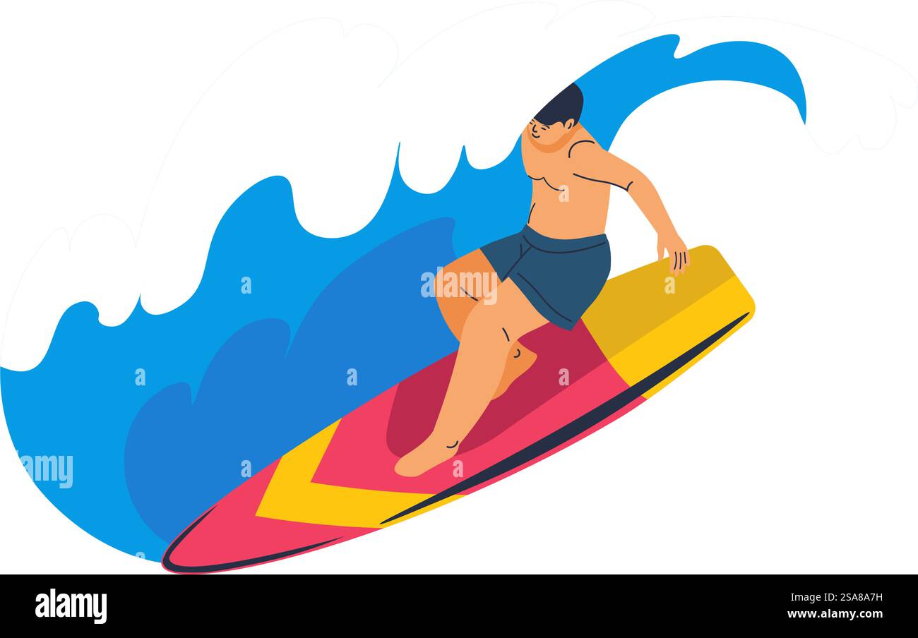Vector illustration of a surfer riding a wave on a surfboard, showing ...