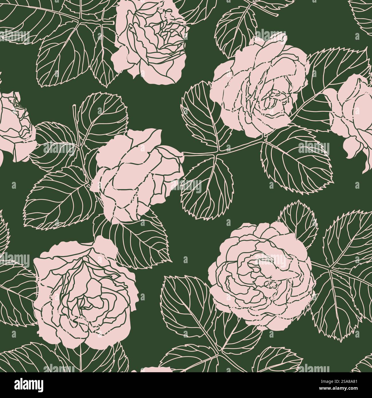 Vector seamless pattern featuring pink roses and green leaves, elegant ...