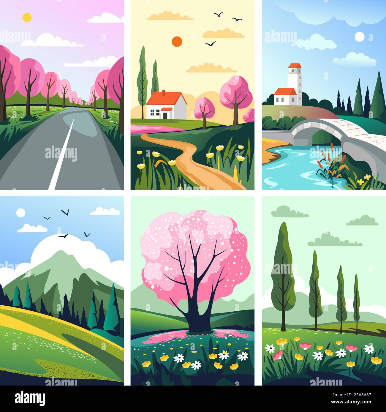 Vector illustration of a scenic road lined with cherry blossom trees in ...