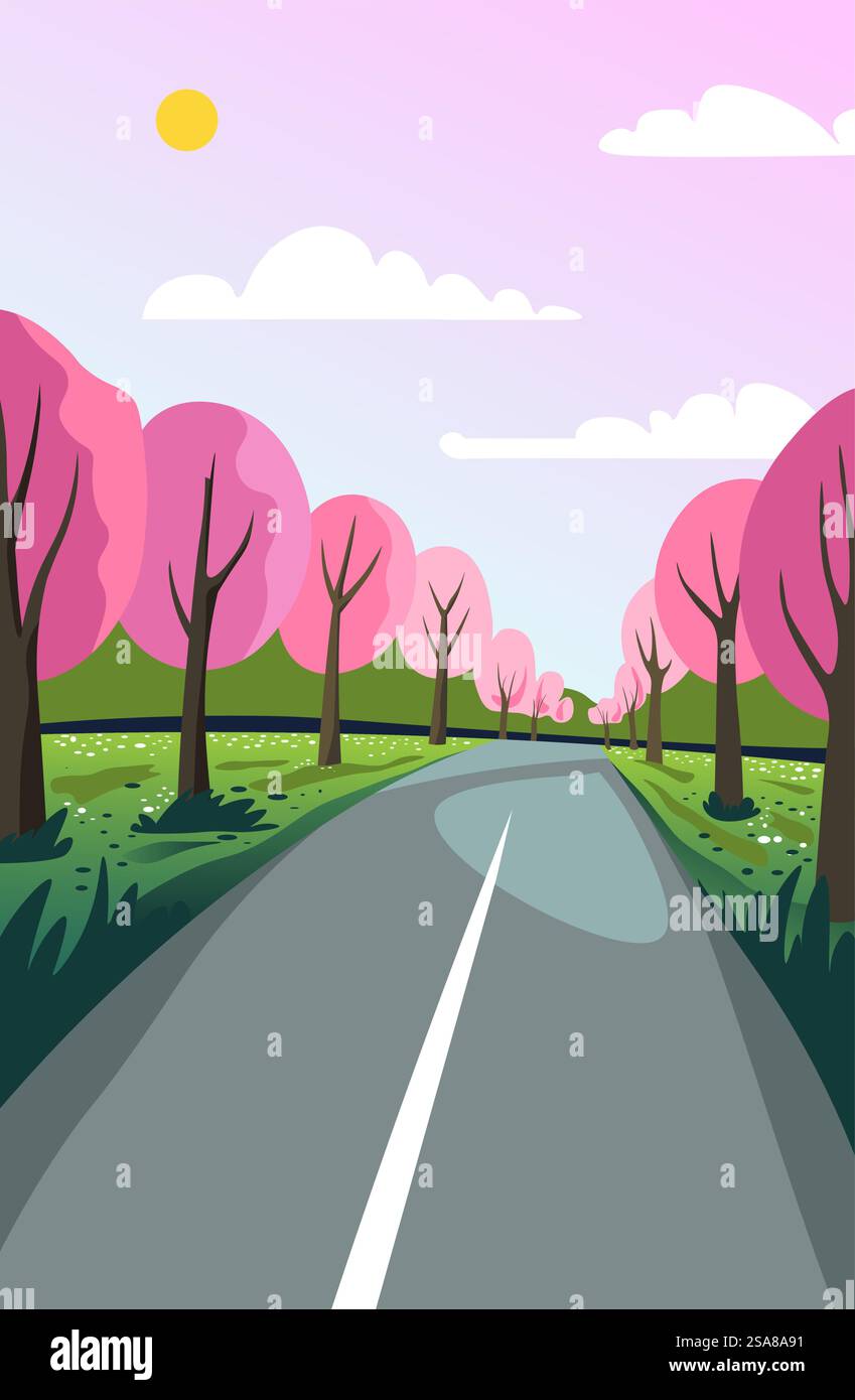 A road lined with pink blossoming trees in a flat style vector ...