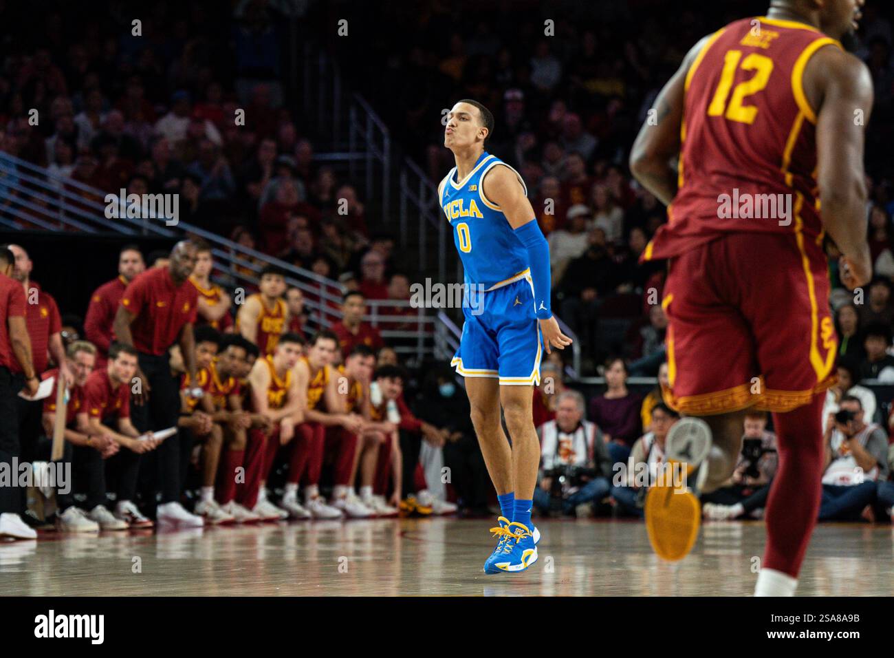 UCLA Bruins guard Kobe Johnson (0) reacts during a NCAA men’s ...