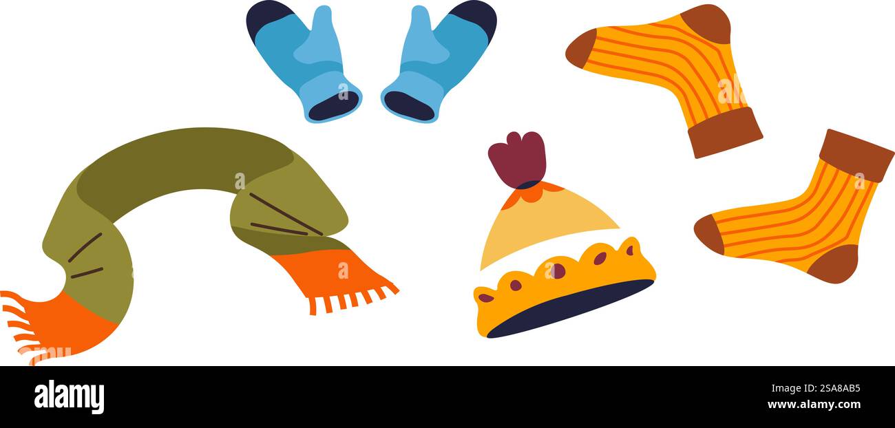 Set of winter clothing including mittens, socks, scarf, and hat in a ...