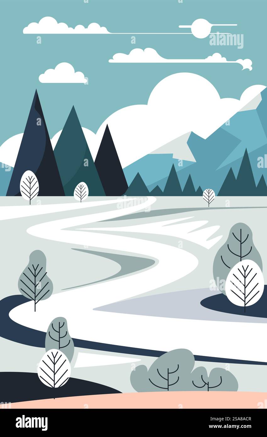 A vector illustration of a snow-covered path winding through mountains ...