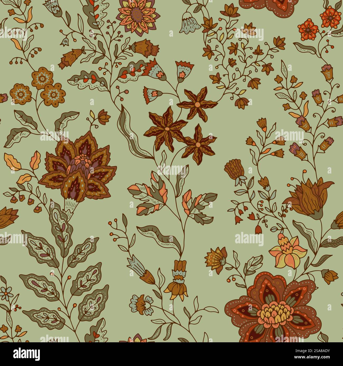Seamless retro inspired floral pattern with muted tones and detailed ...