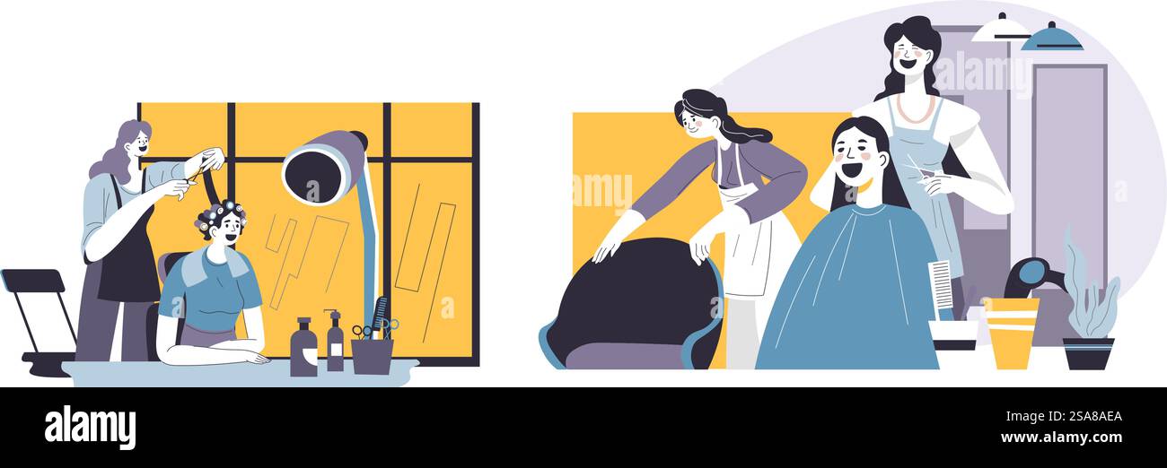 Illustration of a hair salon scene with stylists and clients. This ...