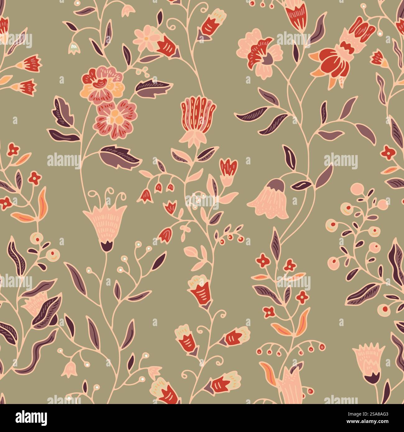 Seamless floral pattern in earthy tones with intricate botanical ...