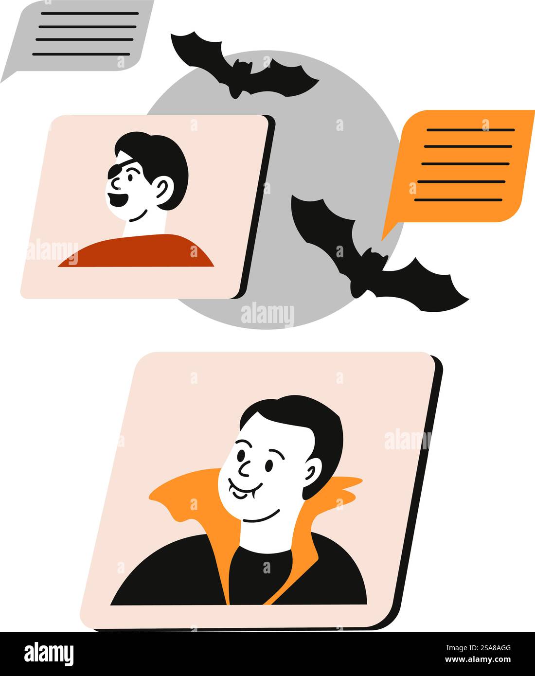Vector illustration of Halloween-themed chat bubbles with bats flying ...