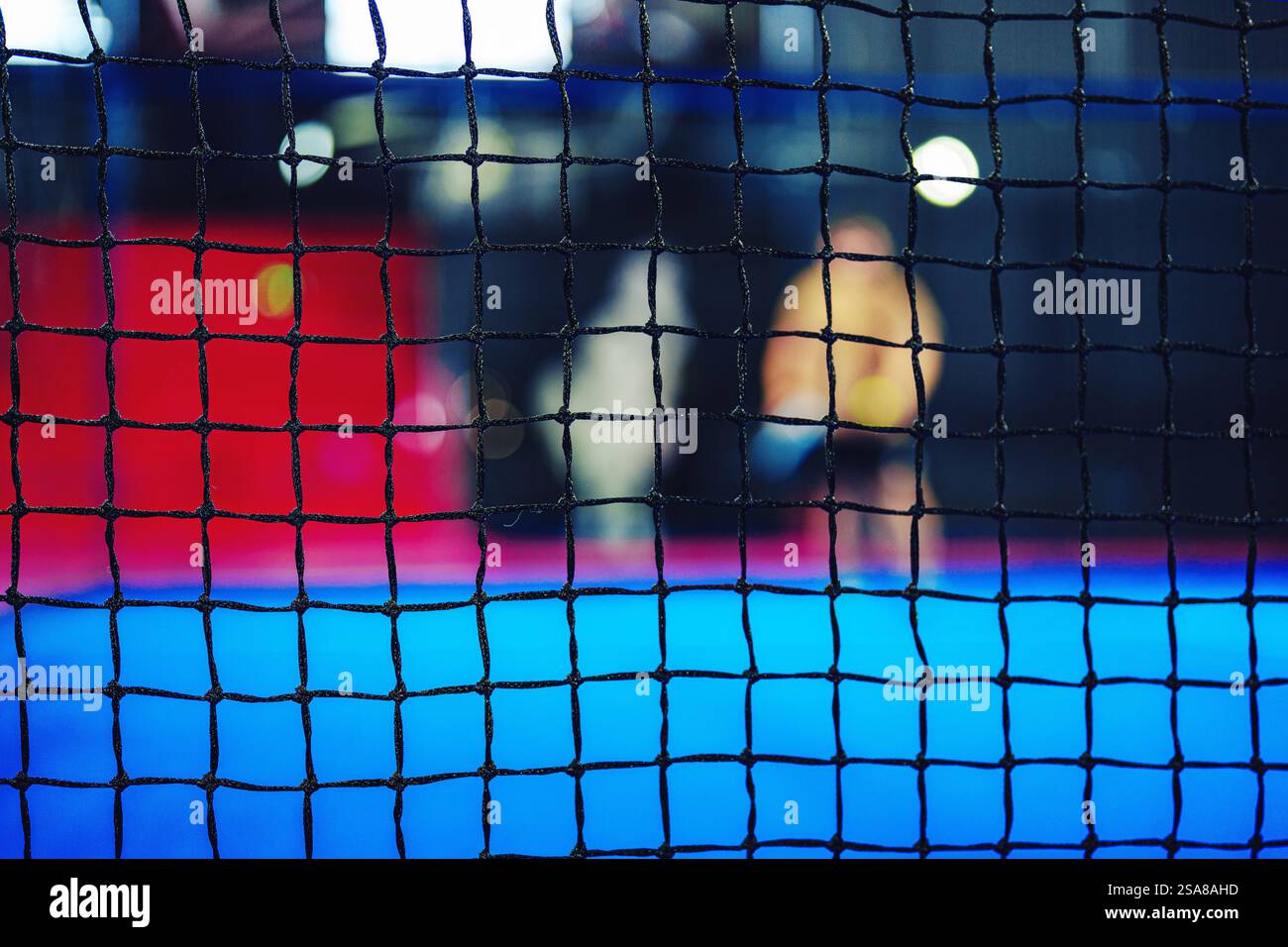 Colorful indoor sports practice session behind a net with athletes ...