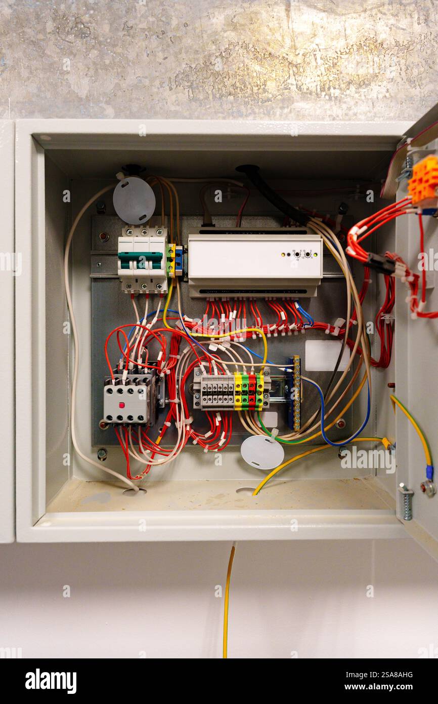 Electrical wiring inside a control box with various connected ...