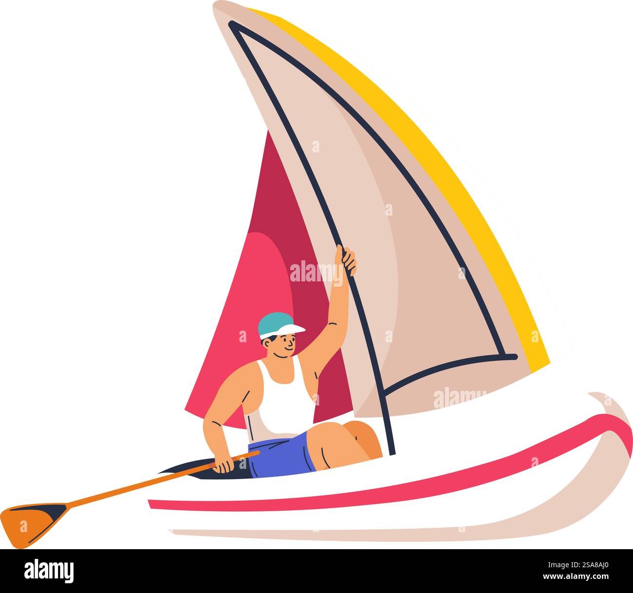 Vector illustration of a sailor rowing a small boat with a sail on the ...