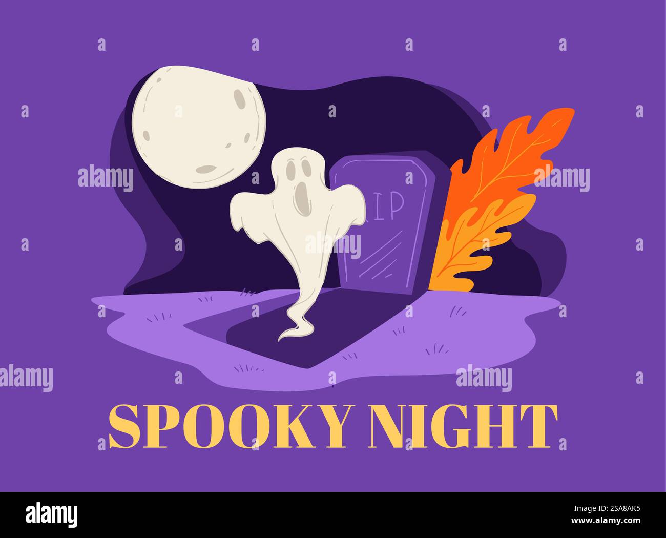Vector illustration of a ghost near a tombstone under the full moon ...
