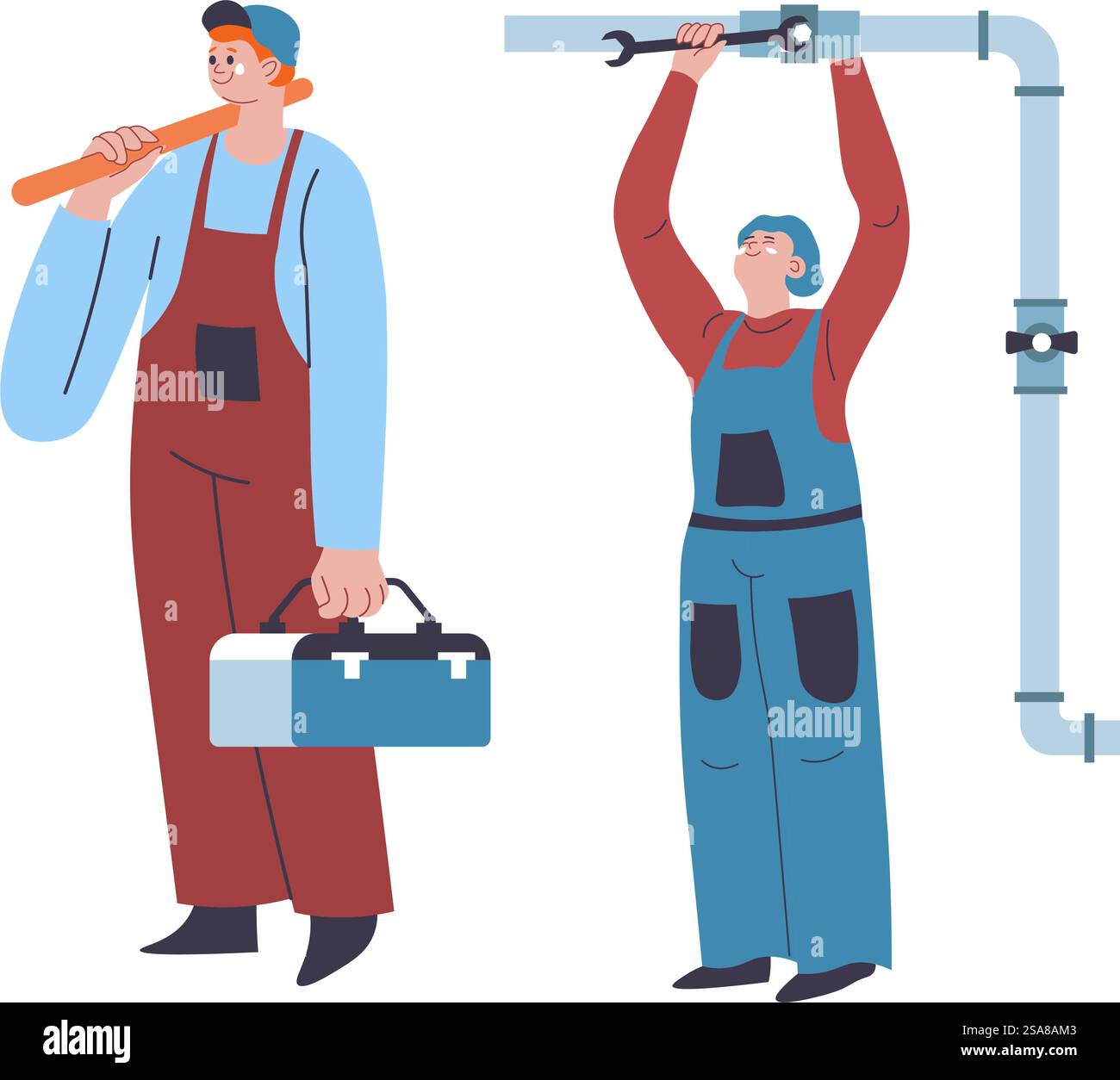 A vector illustration of a male plumber repairing a water leak. Flat ...