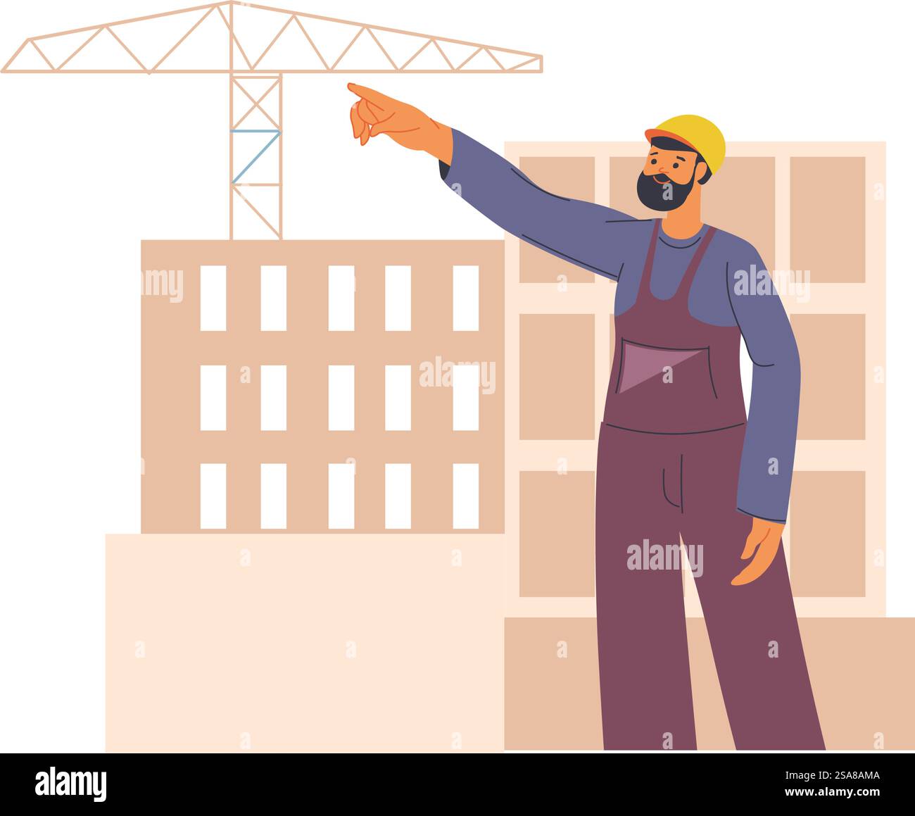Illustration of a bearded construction worker pointing at a crane at a building site. Flat ...
