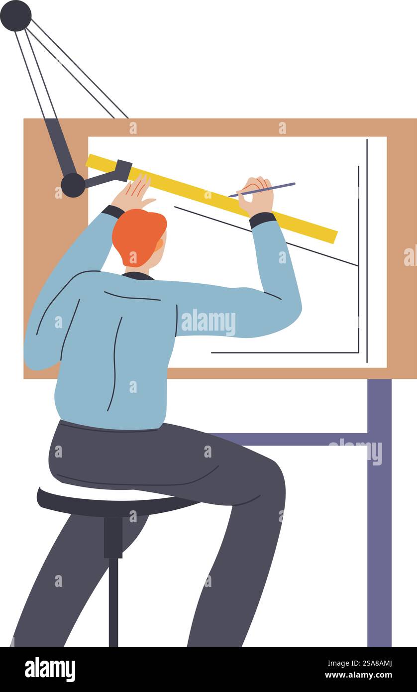 Vector illustration of an architect drafting at a large workstation ...