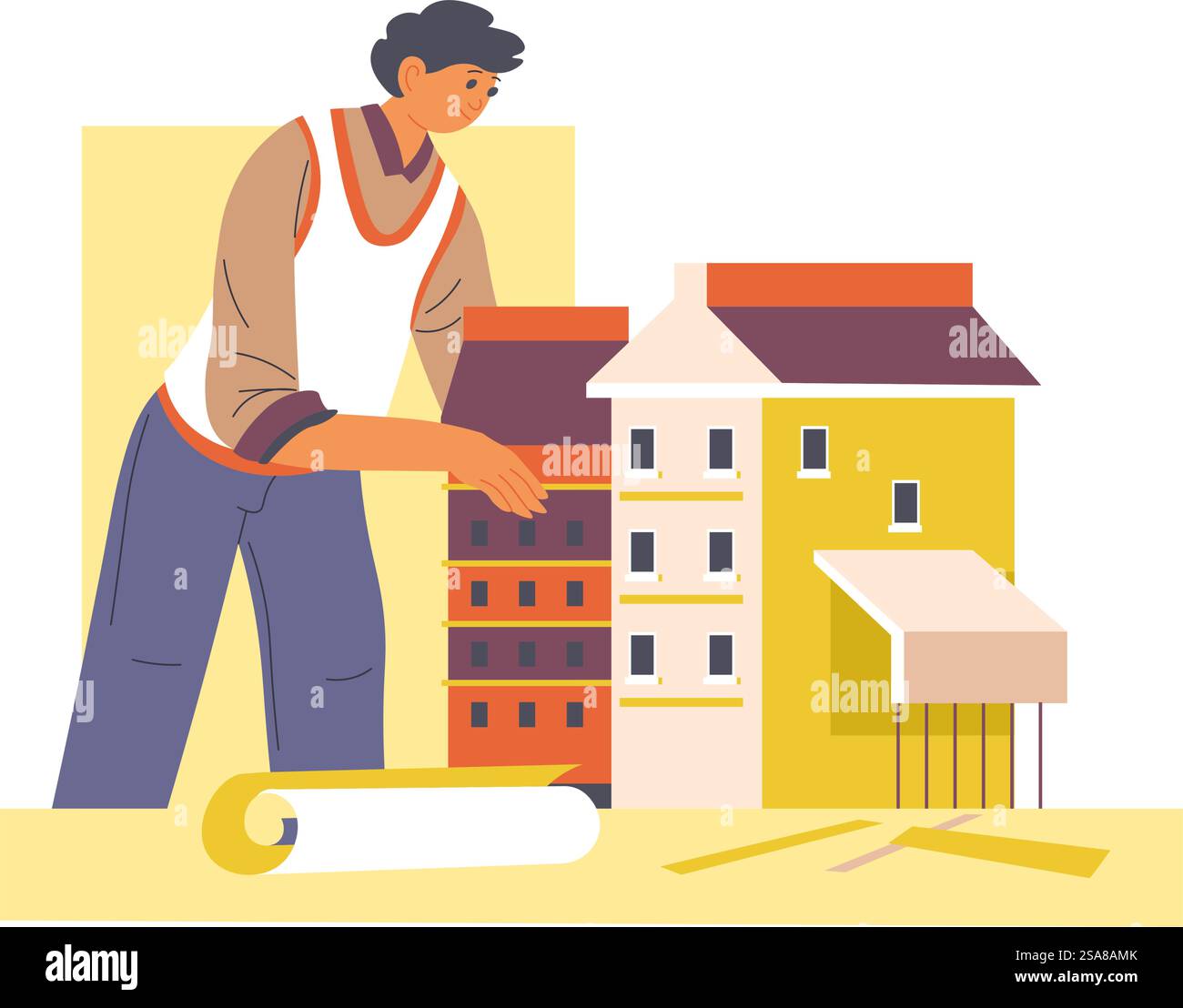 Vector illustration of an architect drawing a building structure in a ...