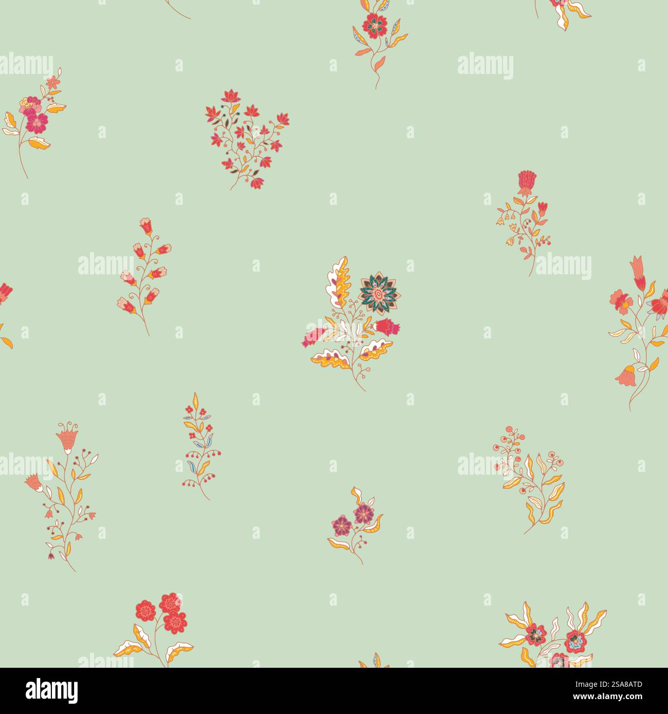 Seamless botanical pattern on a light green background featuring ...