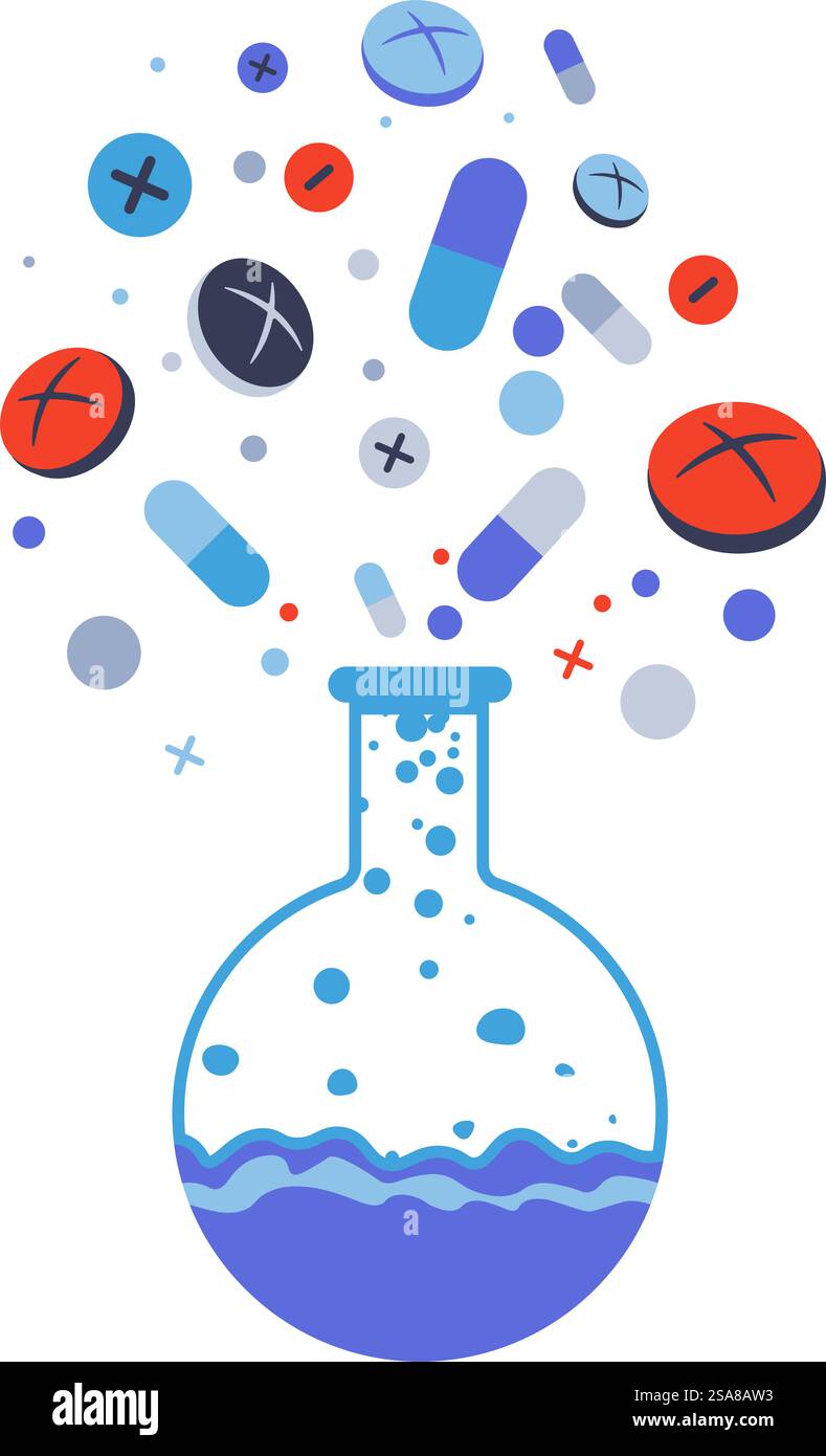 Vector illustration of pills and capsules floating out of a laboratory ...