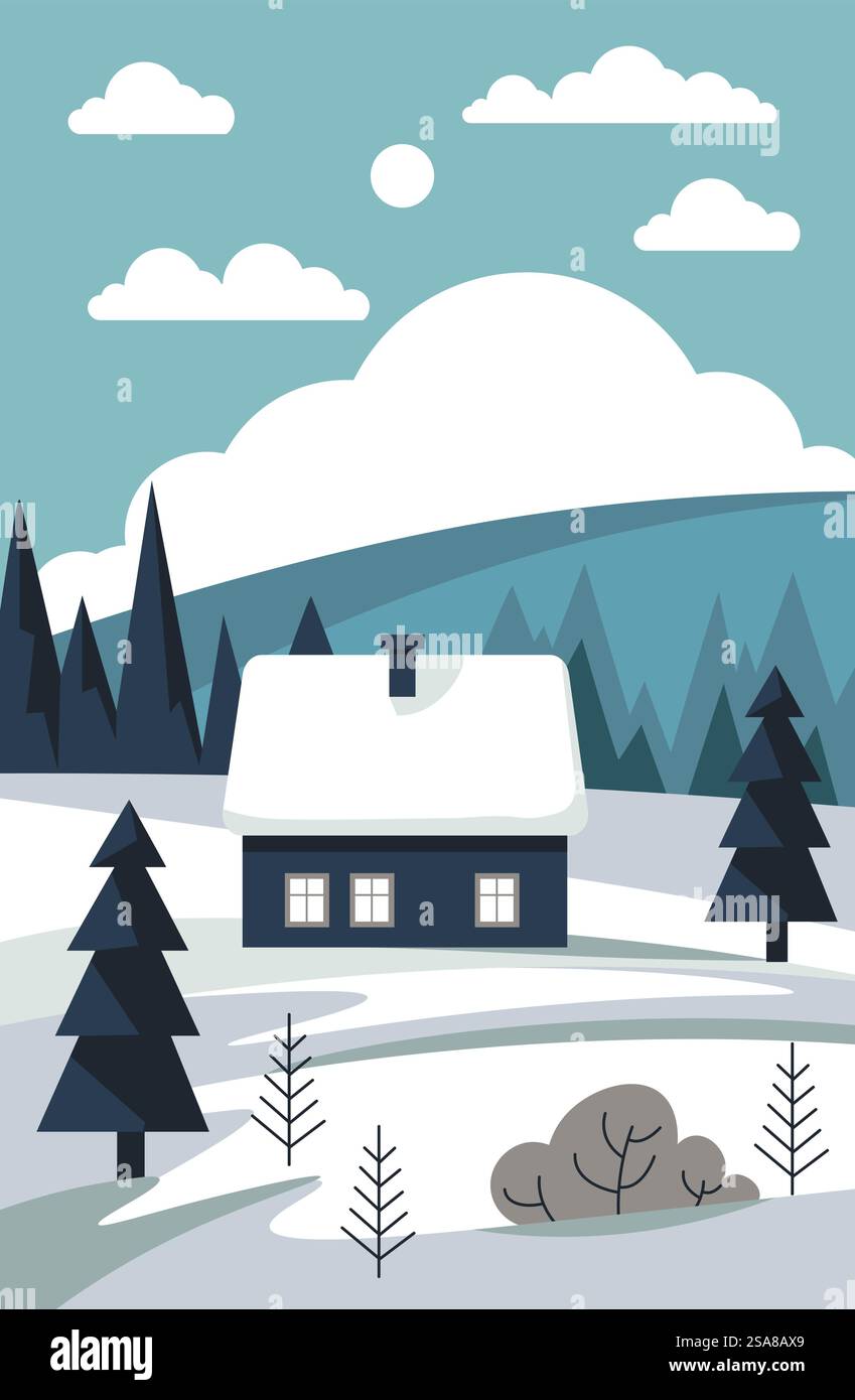 A vector illustration of a cozy cabin in a snowy field with distant ...