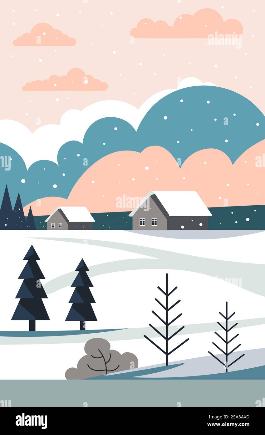 A vector illustration of a cozy cabin in a snowy field with distant ...
