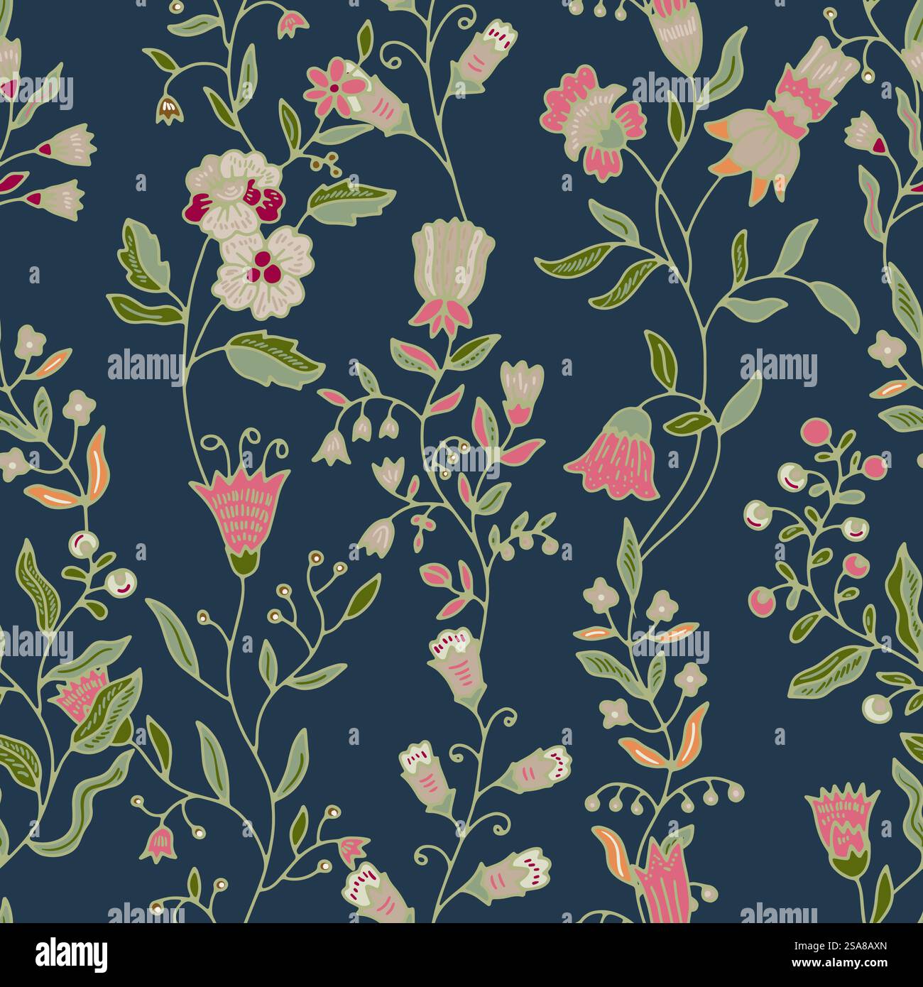 Seamless pattern with rich, dark floral motifs and botanical details ...