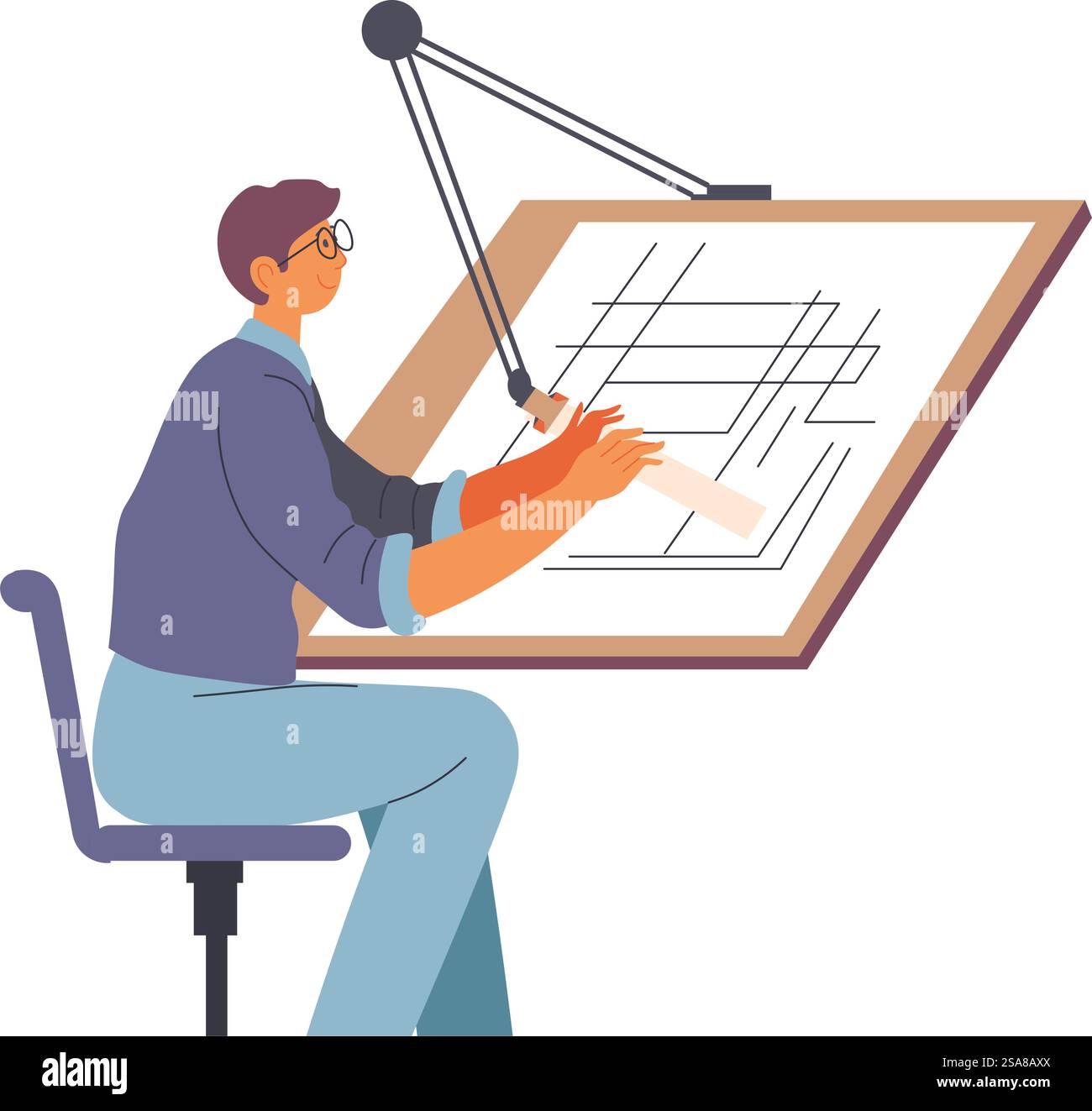 Illustration of an architect working at a drawing table. Flat design ...