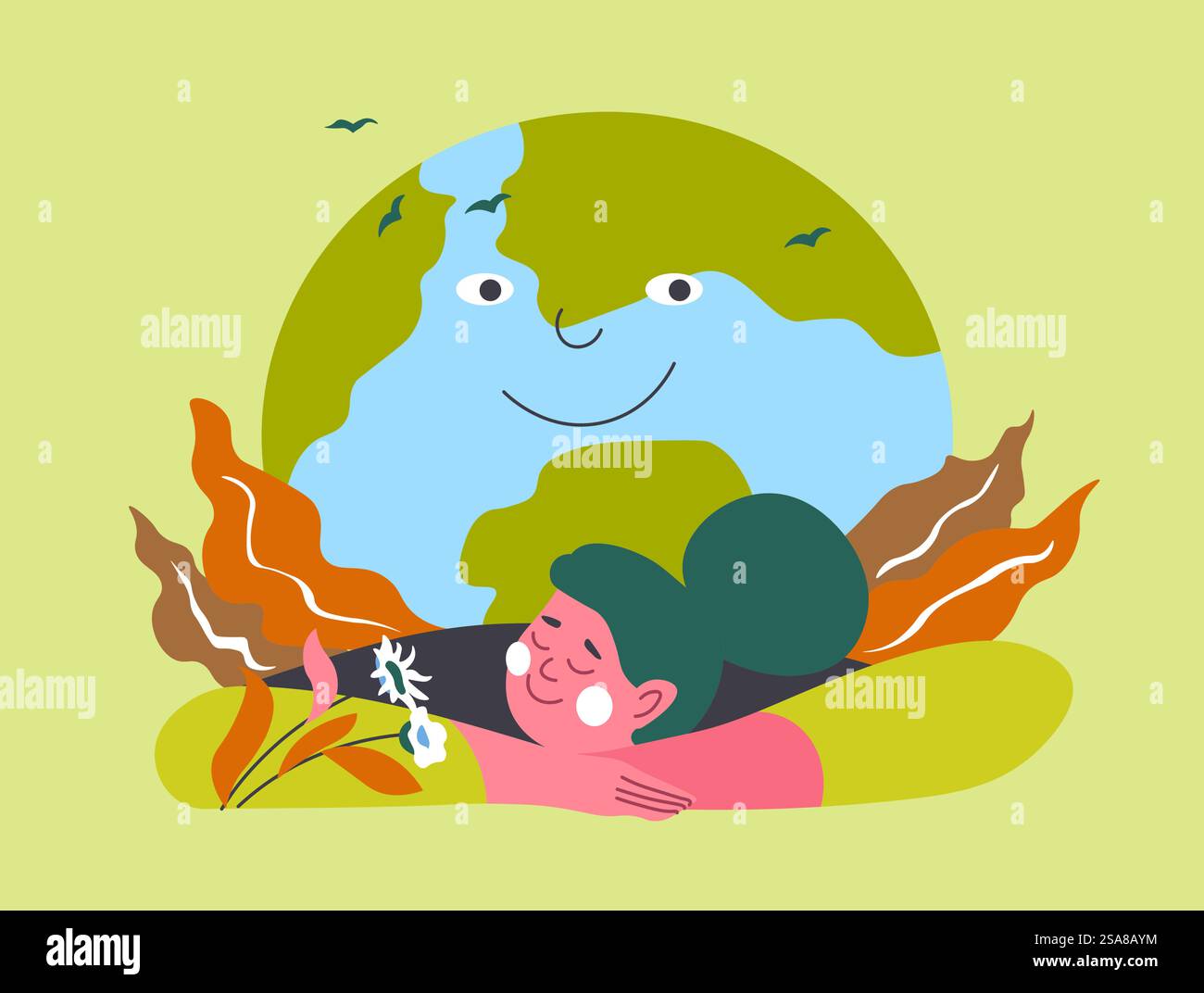 Illustration of a woman hugging a smiling Earth, surrounded by nature ...