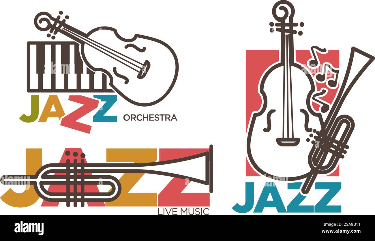 Jazz music event logos with musical instruments in a retro style ...