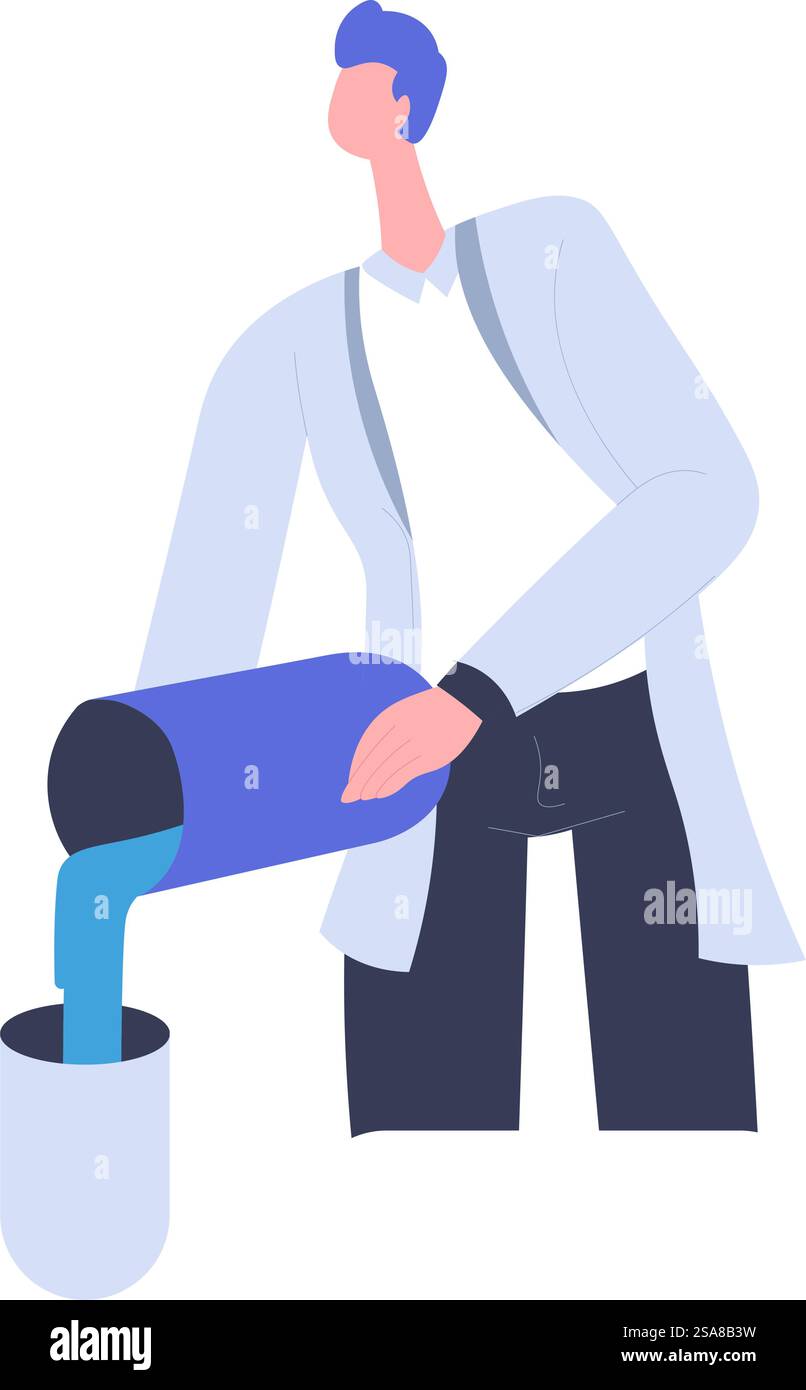 A vector illustration of a scientist pouring liquid in a beaker. Flat style with simple colors ...