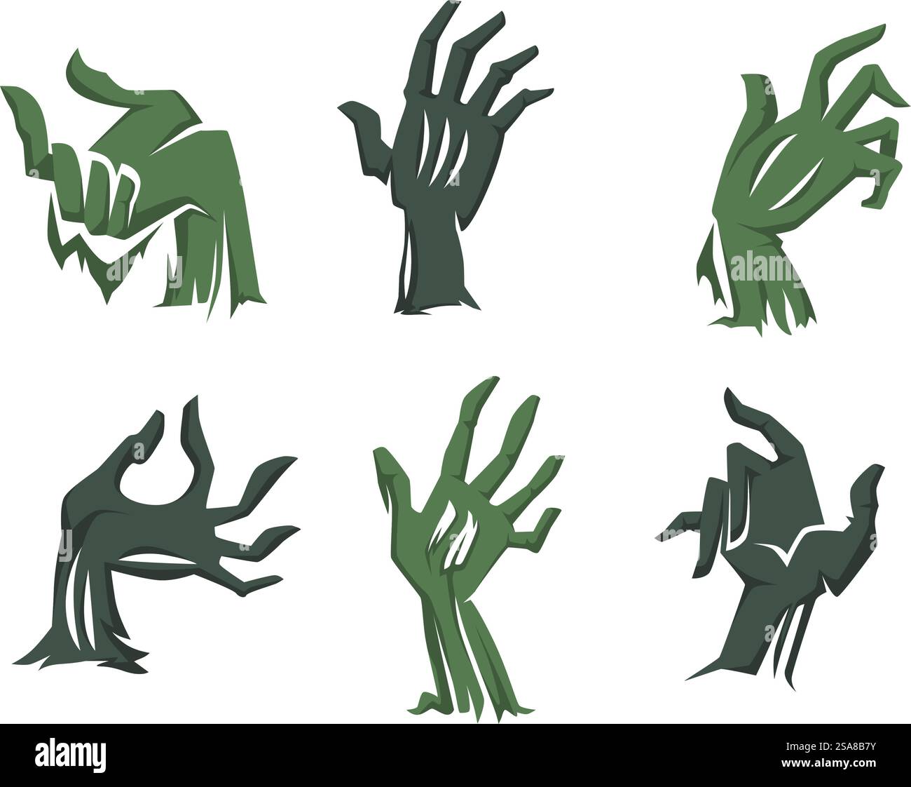 A collection of vector illustrations depicting creepy green zombie ...