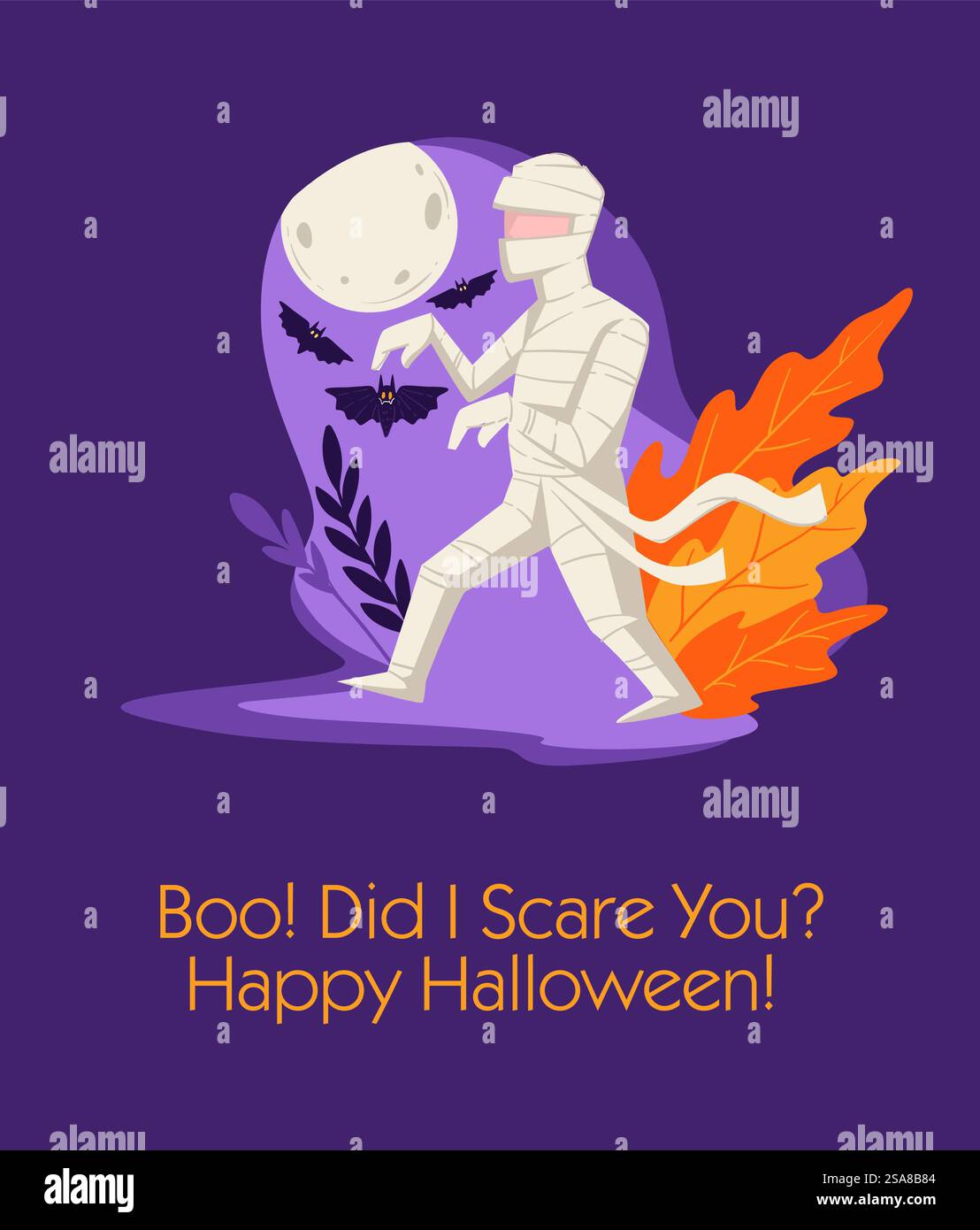 Vector illustration of a mummy walking under the full moon with bats ...