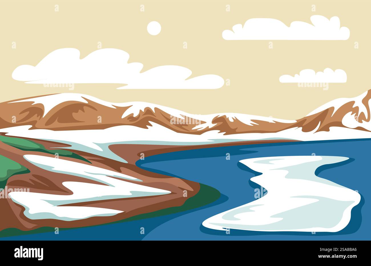A serene vector illustration of snow-covered hills and a river bend ...