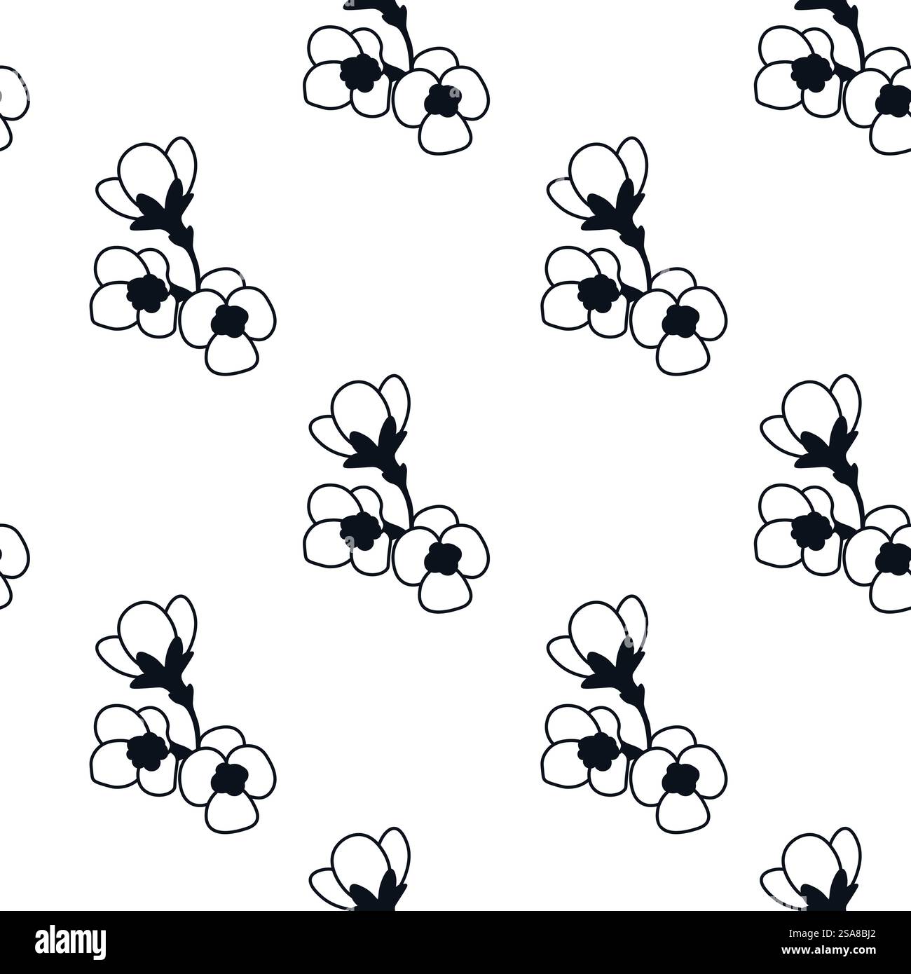 A delicate seamless pattern featuring small black flowers with thin ...