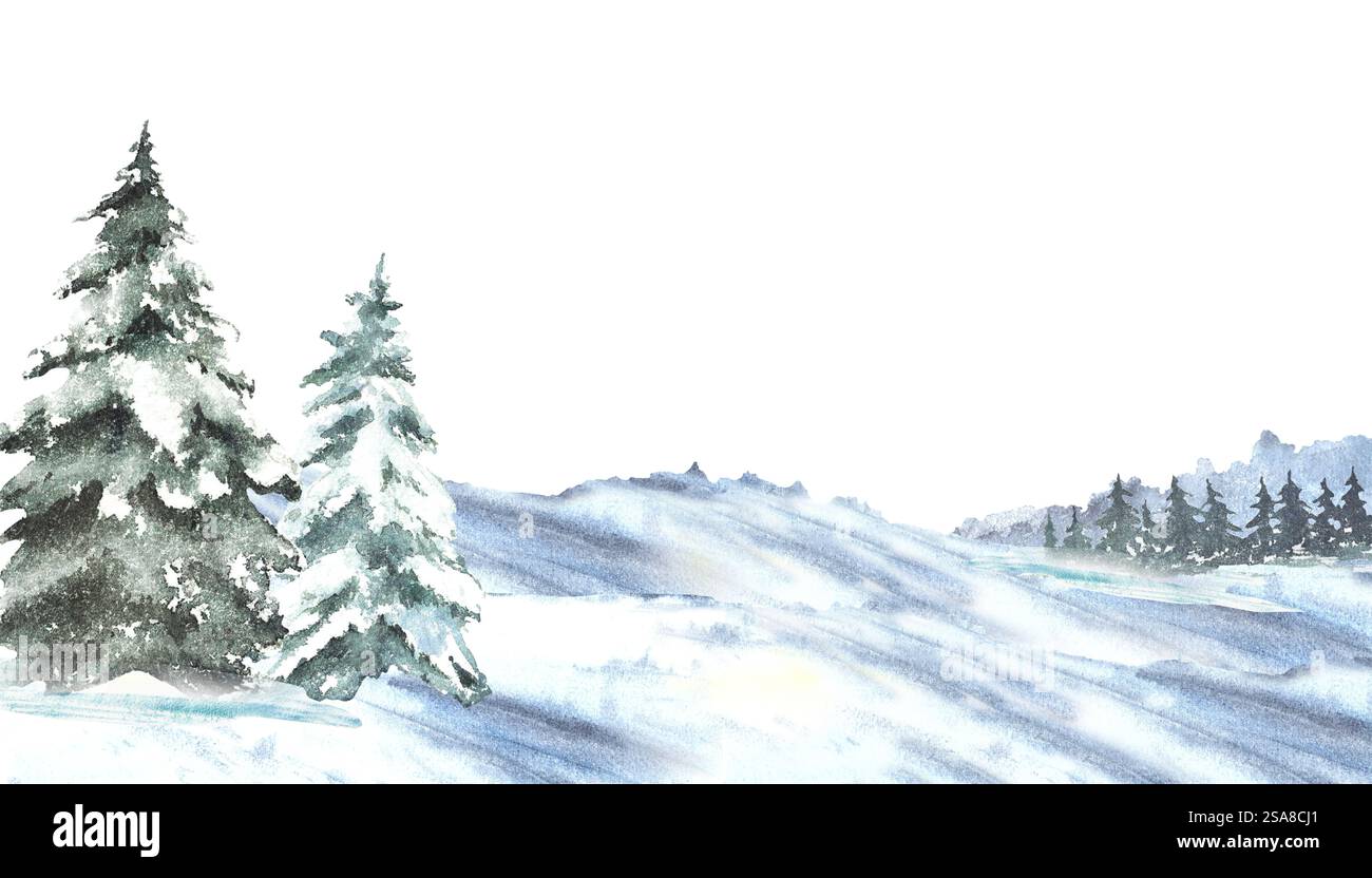 Winter Landscape with snow covered green spruces firs. Snowy Hills ...