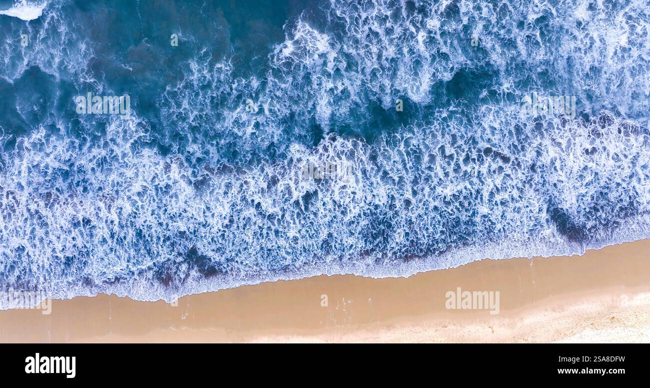 Beach view from drone. Blue ocean wave on sandy beach. Sand beach ...