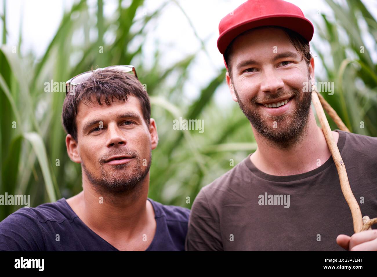 Farm, smile or portrait of friends for relax, bonding or adventure in ...