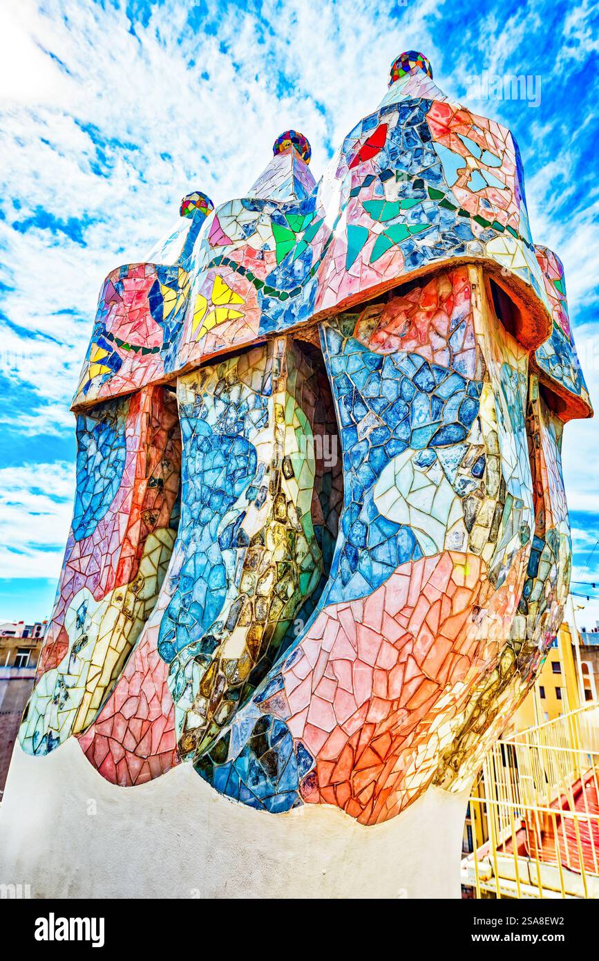 Outdoor on roof Gaudi's creation- House Casa Batllo. Spain Stock Photo ...