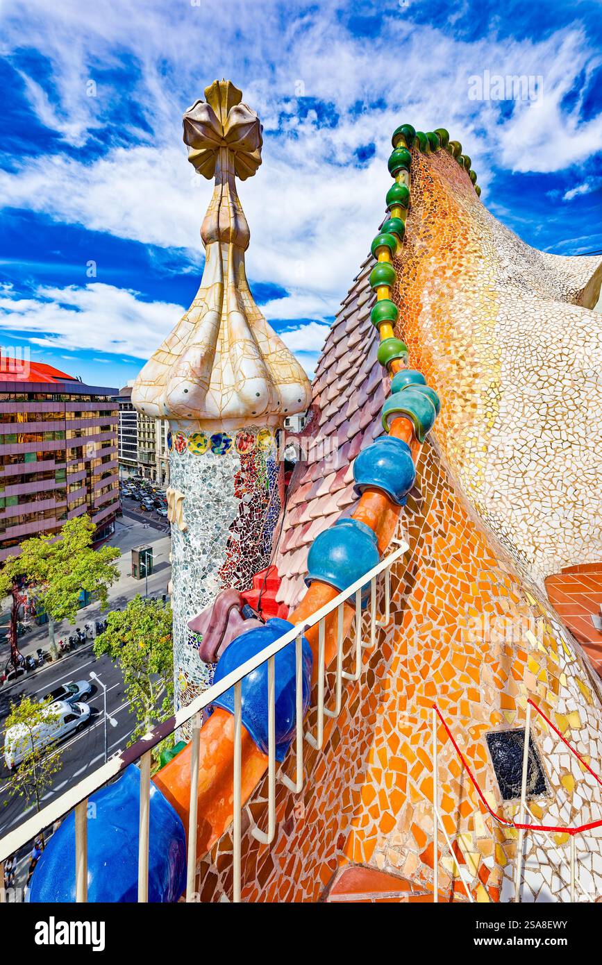 Outdoor on roof Gaudi's creation- House Casa Batllo. Spain Stock Photo ...