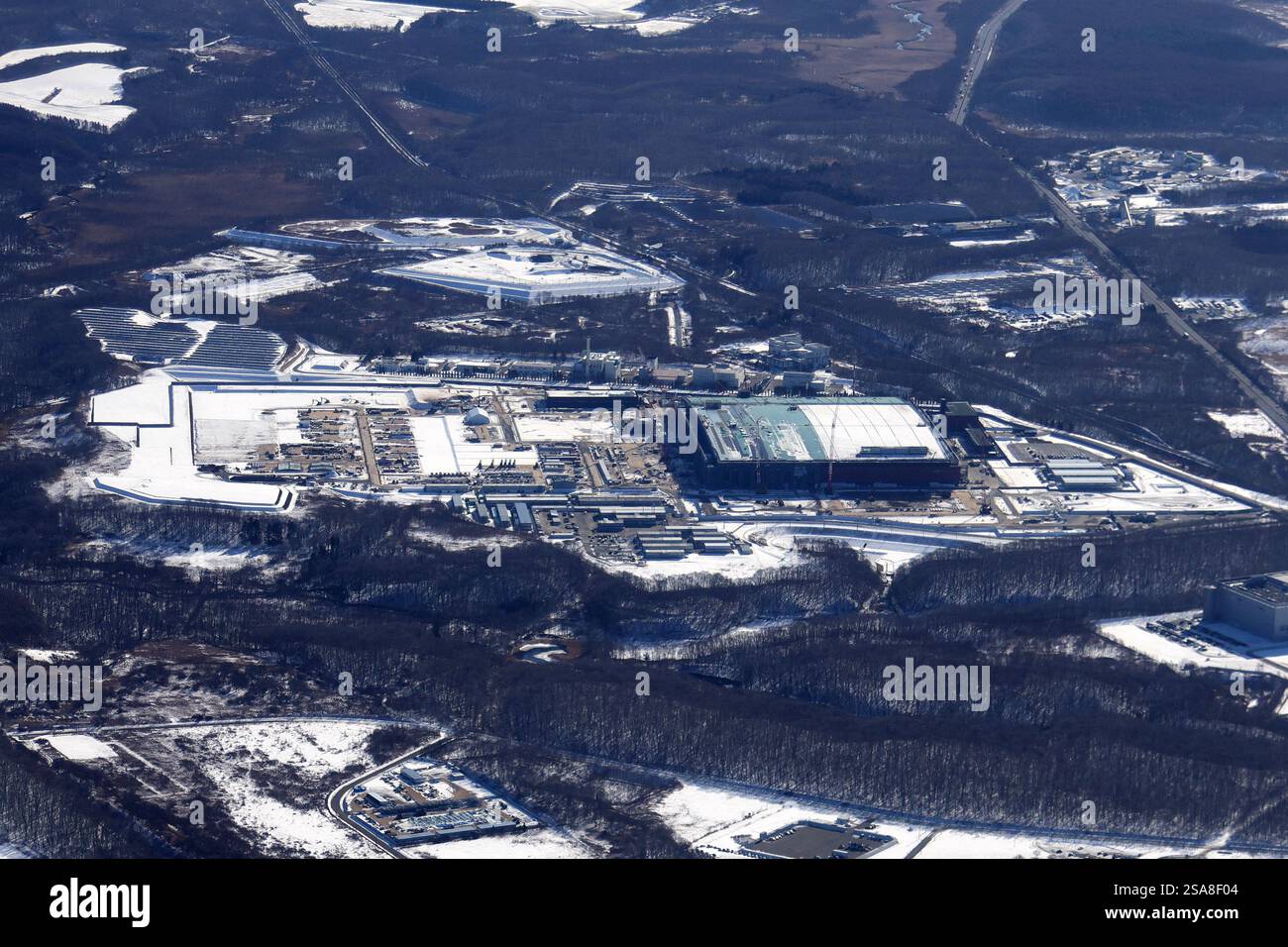 An aerial view shows the construction site of the Rapidus chip factory ...
