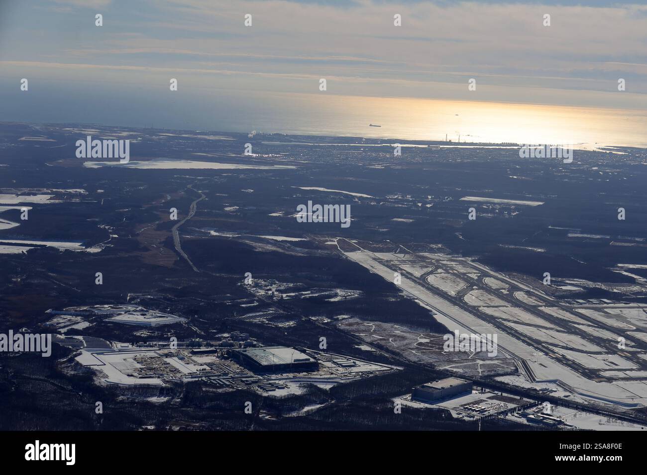 An aerial view shows the construction site of the Rapidus chip factory ...