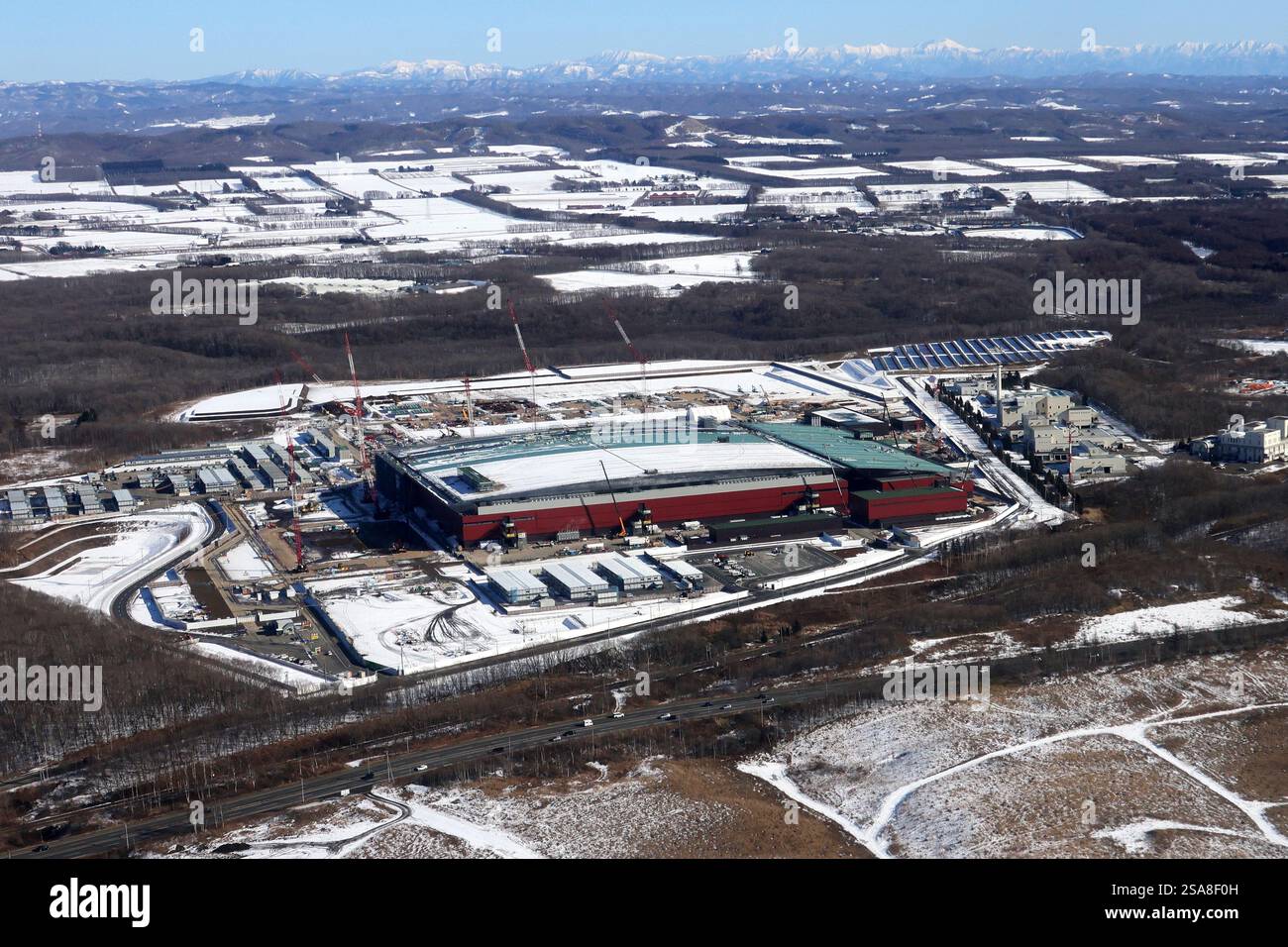 An aerial view shows the construction site of the Rapidus chip factory ...