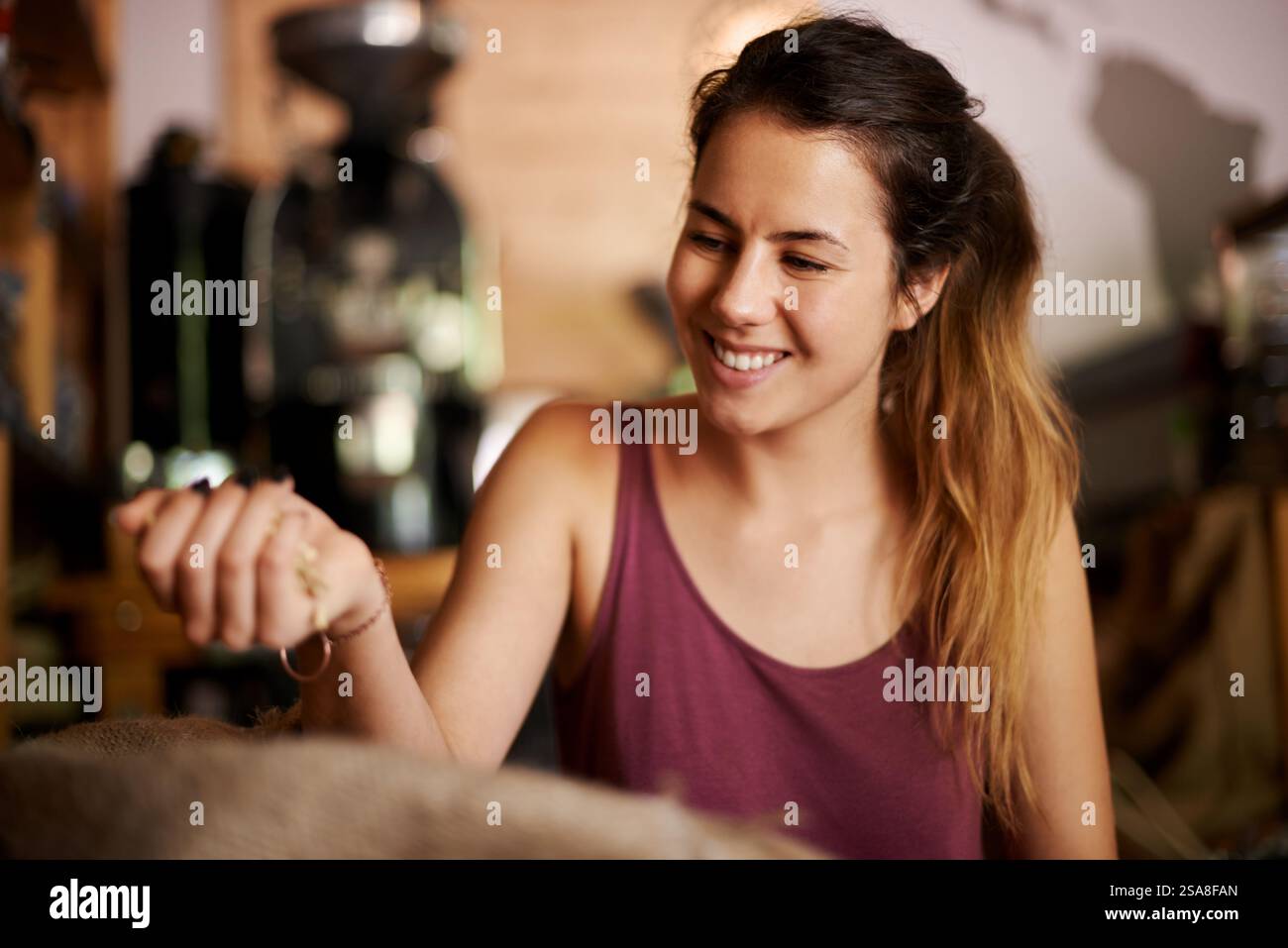 Factory, fresh and woman with coffee beans, bag and inspection of ...