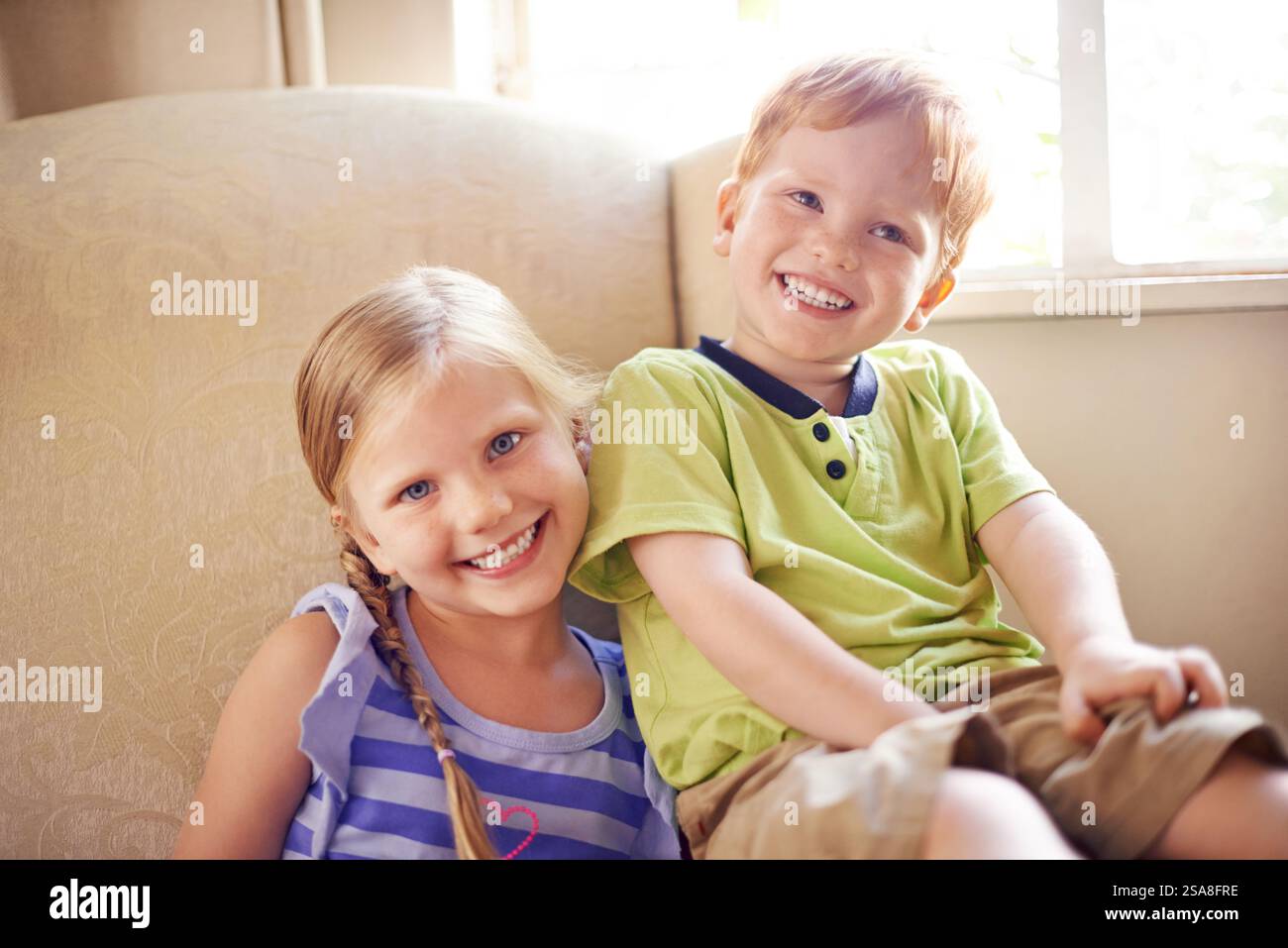 Happy, fun and portrait of kids in home for playing, bonding and ...