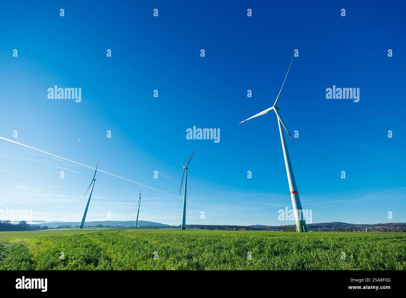 Wind energy generation. Electricity is generated by a wind turbine ...