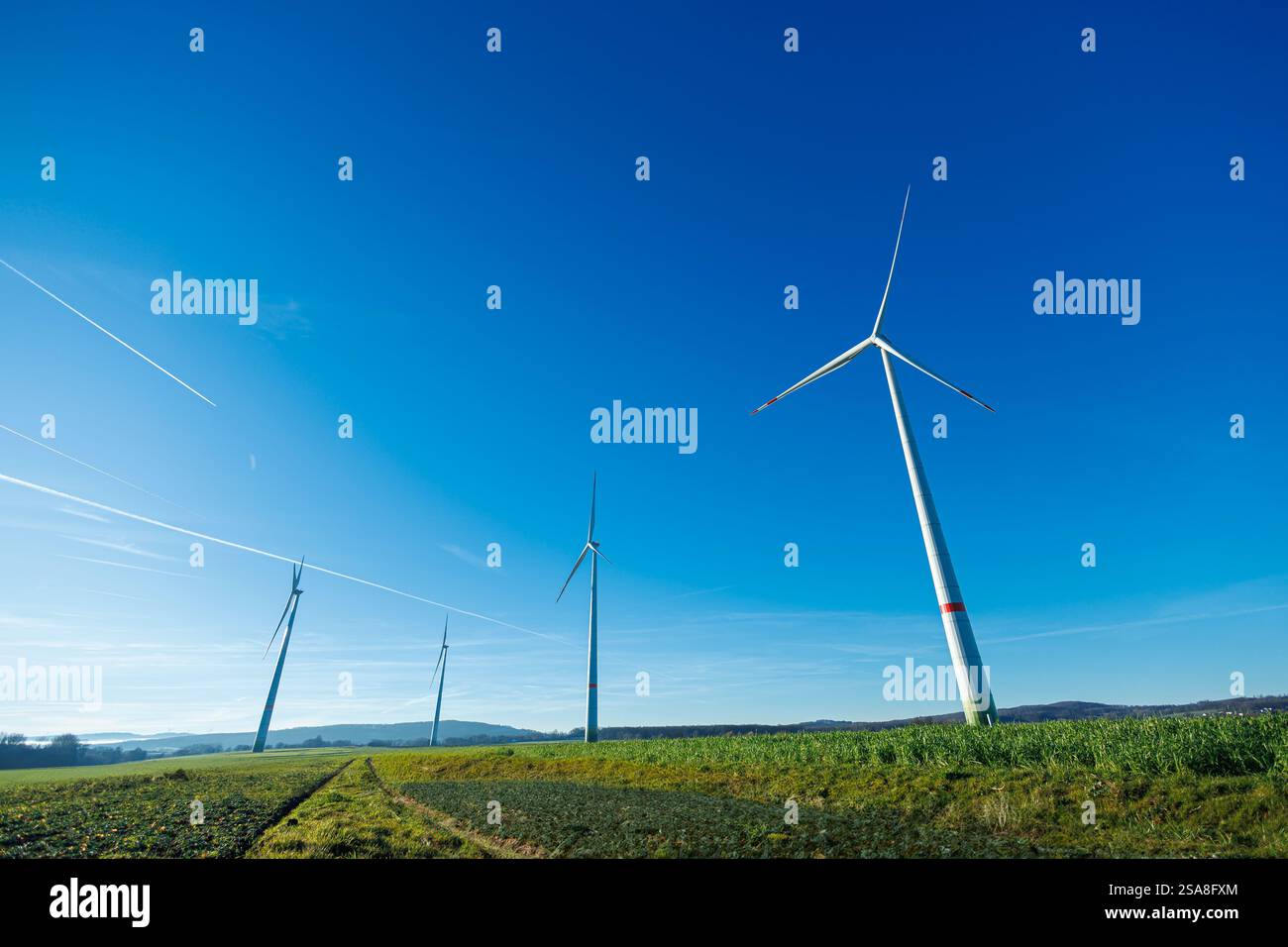 Wind energy generation. Electricity is generated by a wind turbine ...