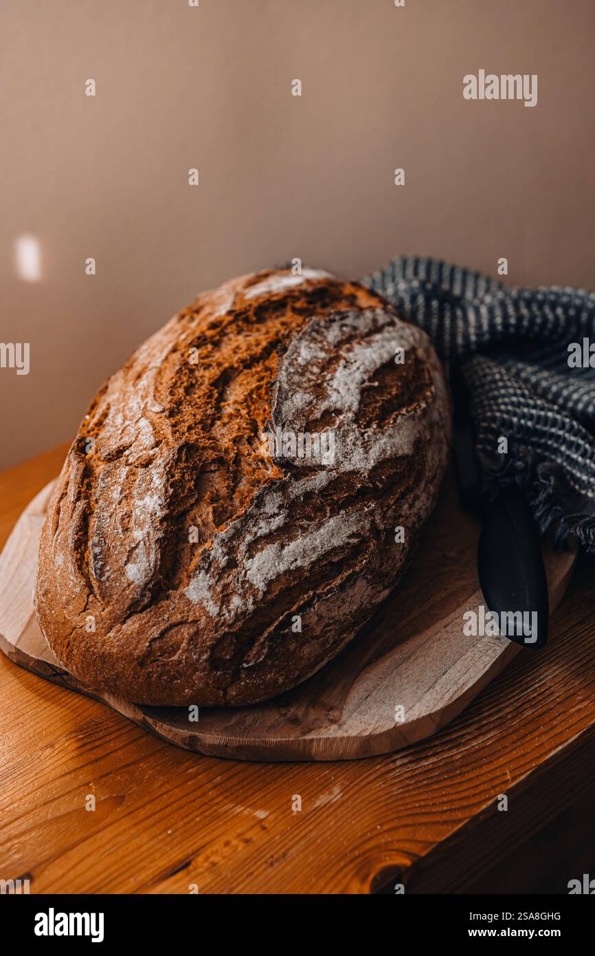Bakery - crusty loaves of bread. Still life. Delicious, fresh whole ...