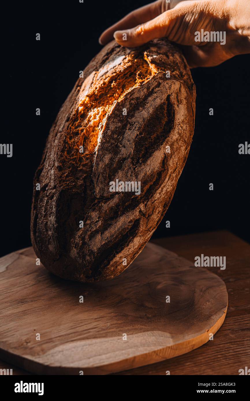 Bakery - crusty loaves of bread. Still life. Delicious, fresh whole ...